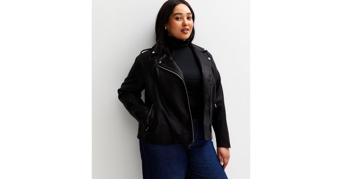 Curves Black Faux Leather Biker Jacket | New Look