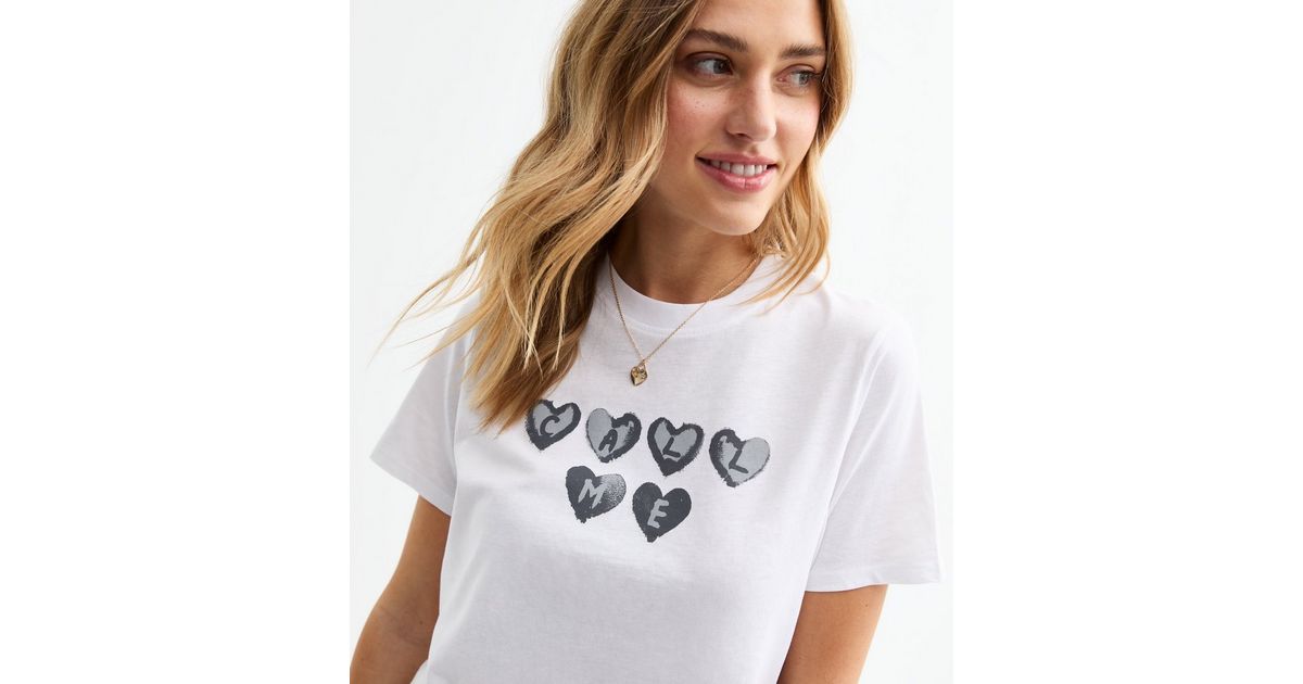 White Call Me Heart Print T-Shirt | New Look