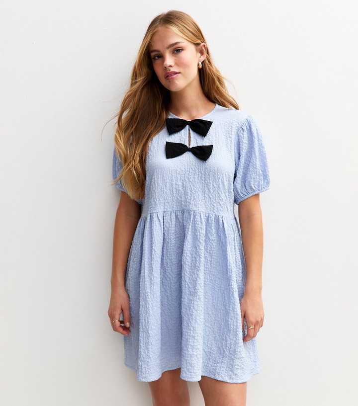 Blue Textured Bow Appliqued Puff Sleeve Mini Dress | New Look