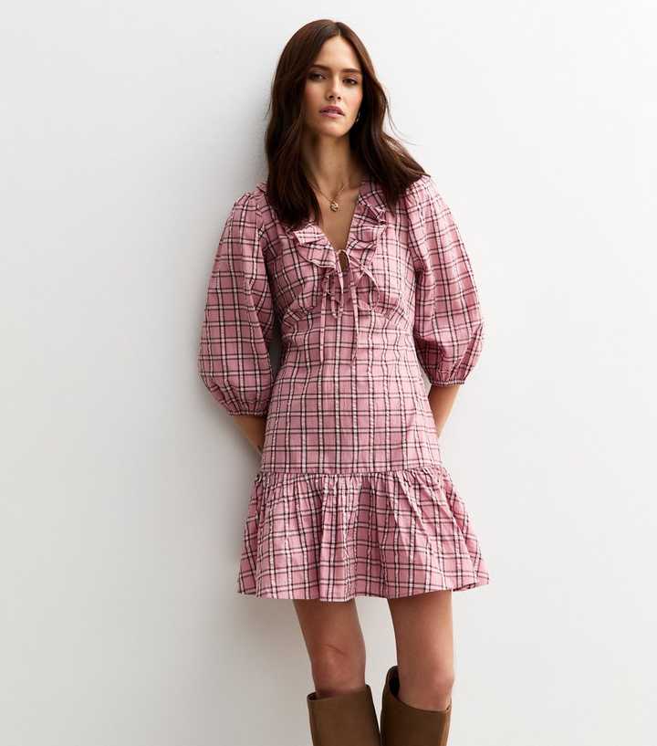 Pink Check Print Ruffle Collar Mini Dress | New Look