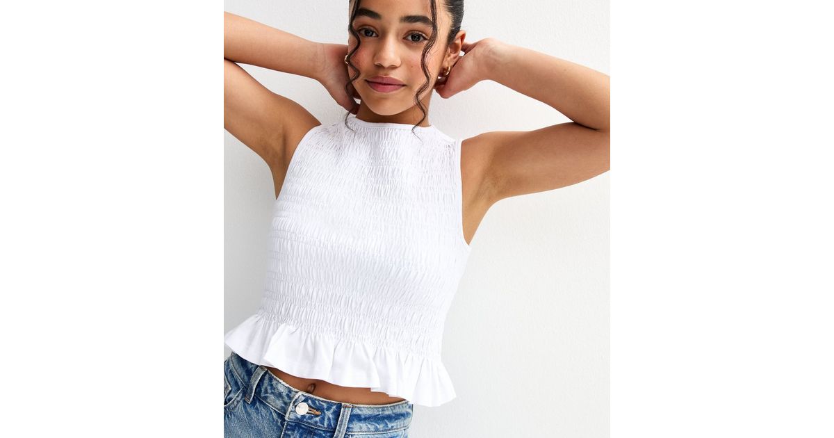 Girls White Shirred Frilly Hem Vest | New Look