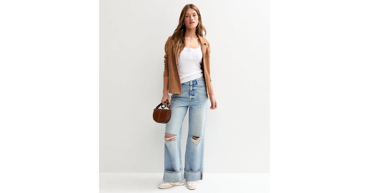 Light Blue Ripped Knee Wide Leg Turn Up Jeans | New Look