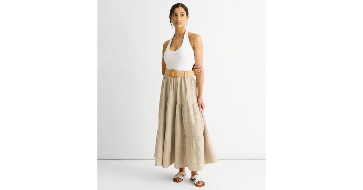 Gini London Beige Belted Tiered Maxi Skirt | New Look