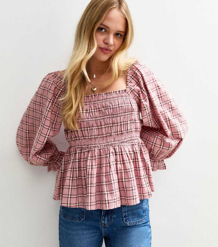 Pink Shirred Checked Frilly Trim Top | New Look