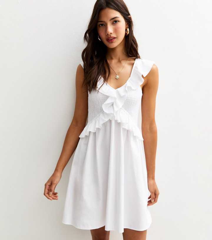 White Ruffle Trim Shirred Mini Dress | New Look