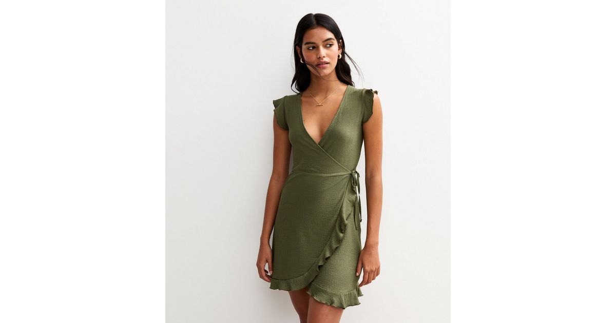 Khaki Crinkled Frilly Trim Wrap Mini Dress | New Look