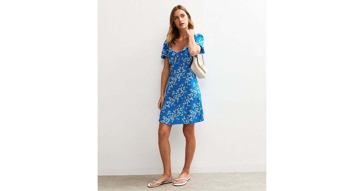 Blue Daisy Print Ruffle Trim Tie Mini Dress | New Look