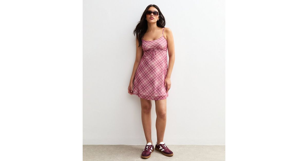 Pink Check Print Bow Trim Mesh Mini Dress | New Look