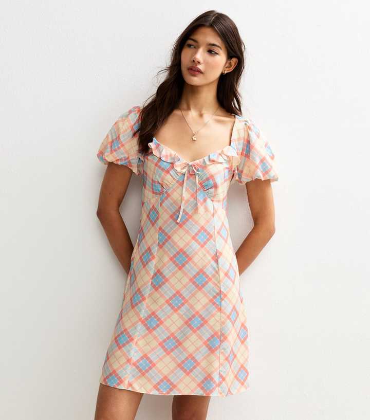 Cream Checked Ruffle Trim Mini Dress | New Look