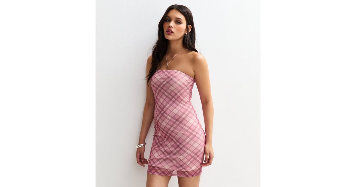 Pink Check Mesh Bandeau Mini Dress | New Look