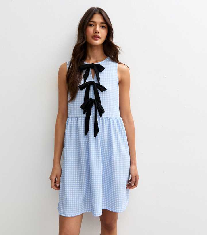 Blue Gingham Sleeveless Crinkle Bow Mini Dress | New Look