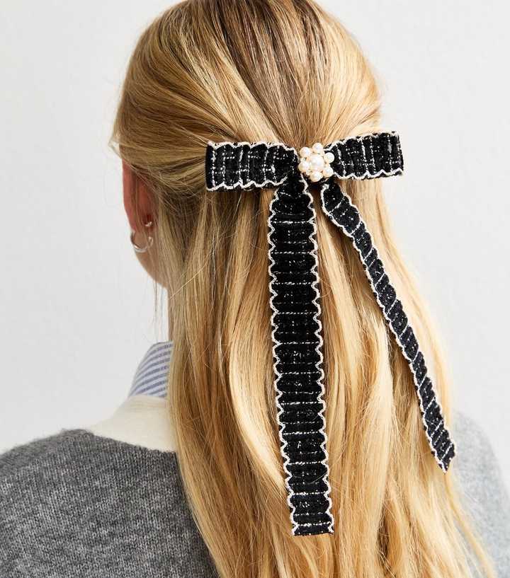Black Boucle Knit Faux Pearl Bow Barette Hair Clip | New Look