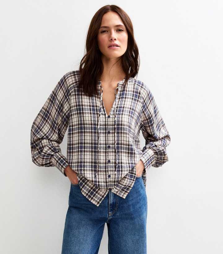 Blue Check Print Textured Tie Neck Blouse | New Look
