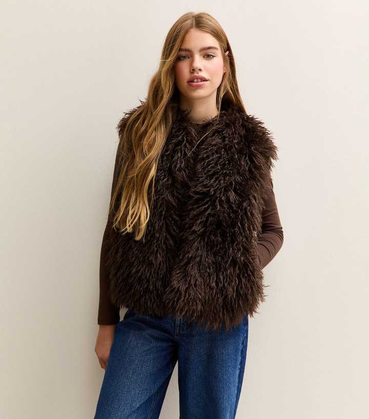 Girls Dark Brown Shaggy Faux Fur Gilet | New Look