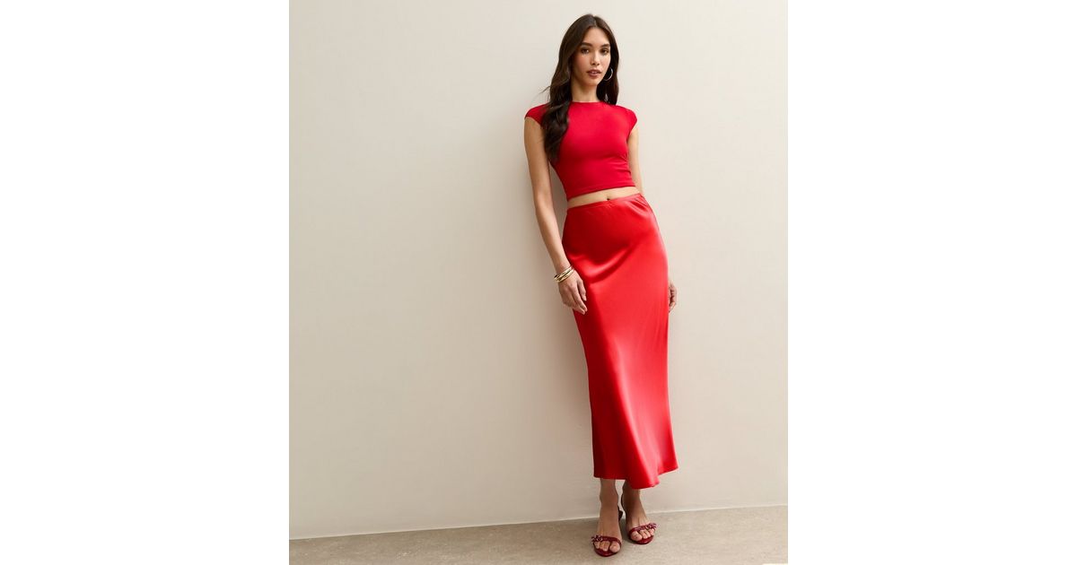 Bright Red Satin Bias Cut Midi Skirt | New Look