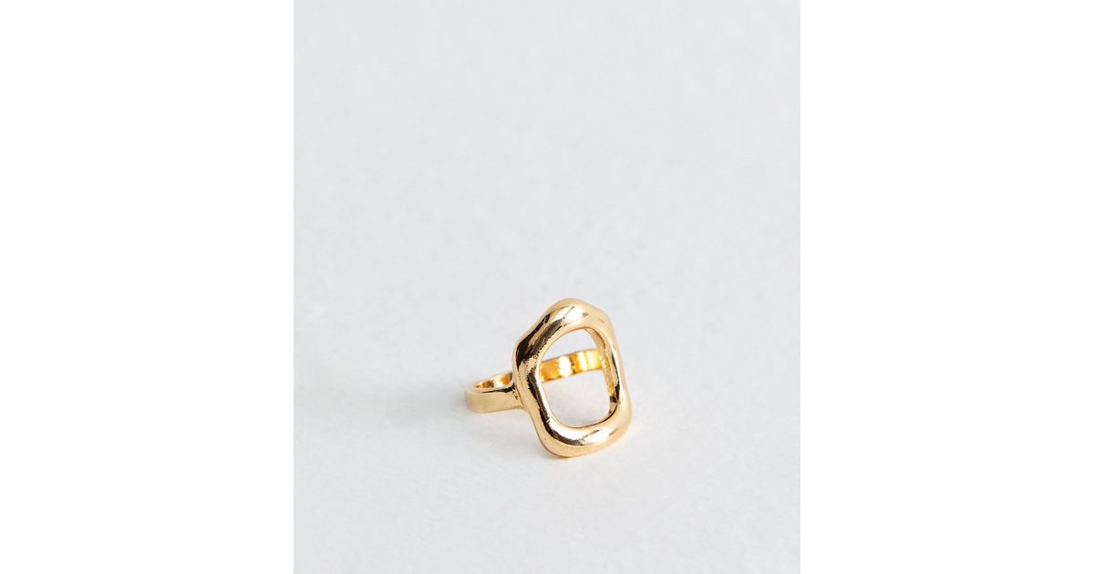 Gold Tone Sculptural Square Face Ring | New Look