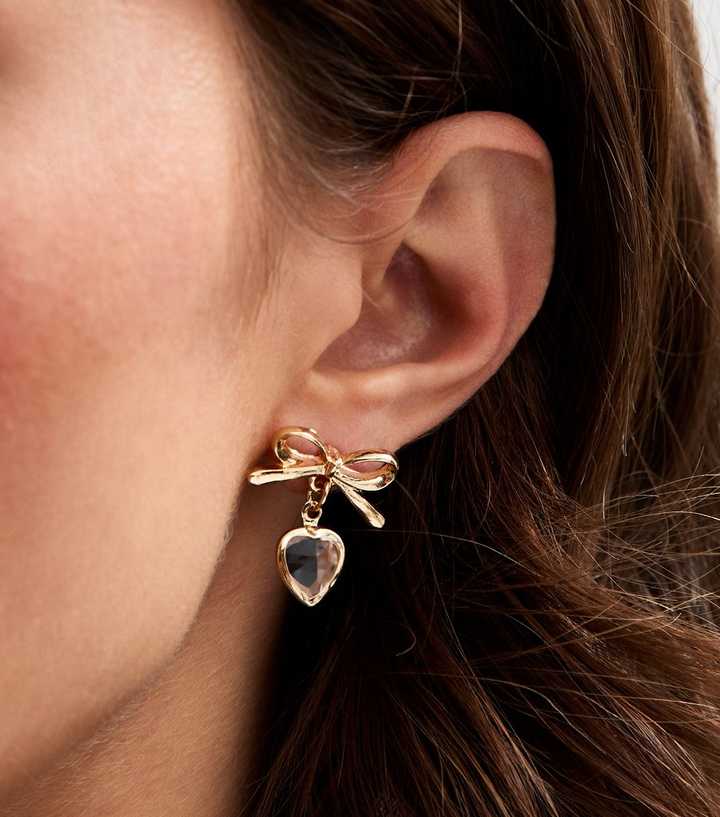 Gold Tone Bow Diamante Drop Earrings | New Look