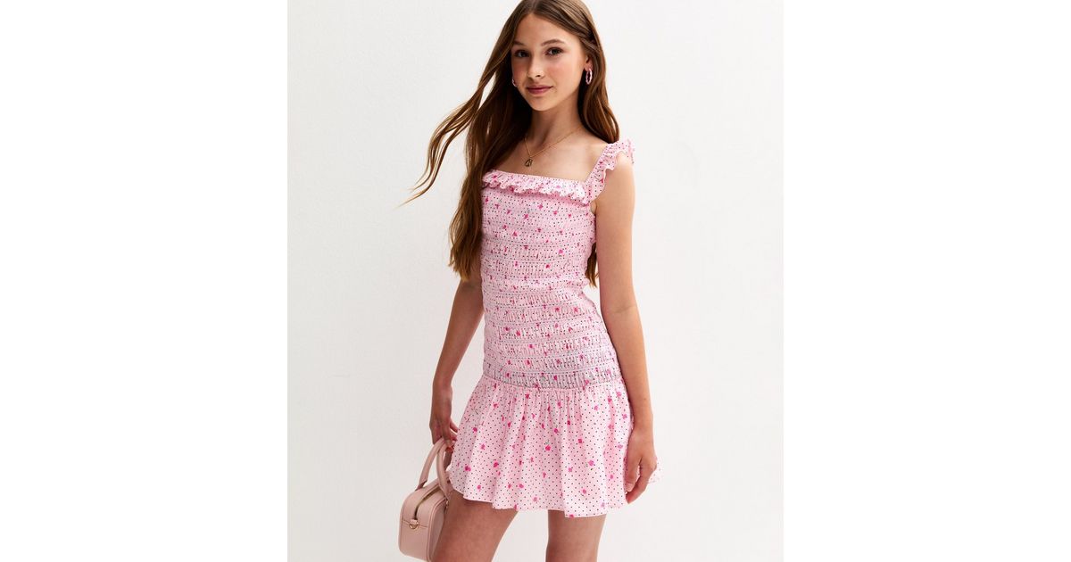 Girls Pink Shirred Spotty Floral Print Mini Dress | New Look