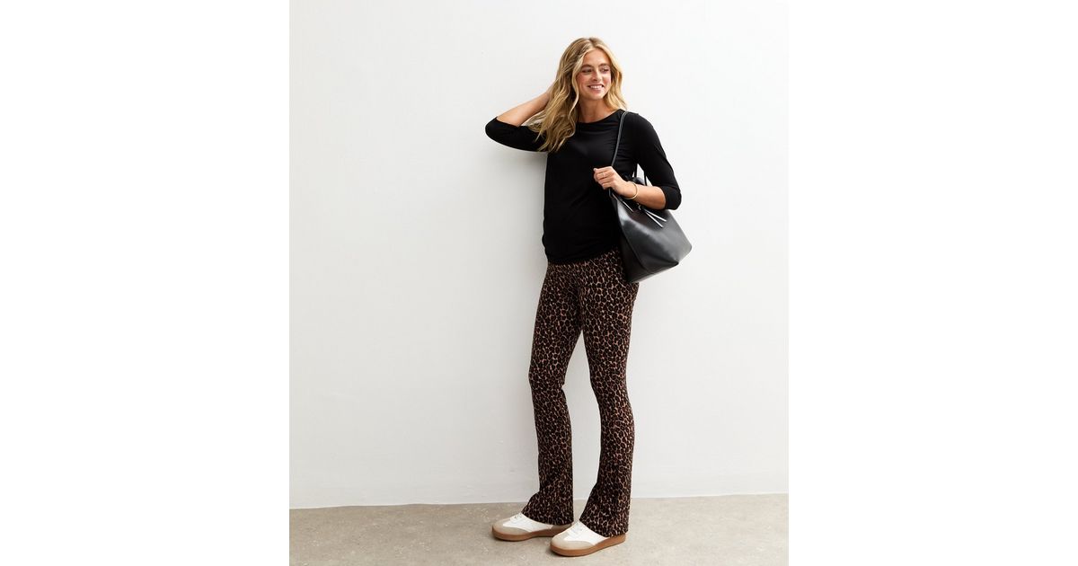 Maternity Brown Leopard Print Over Bump Kick Flare Leggings | New Look