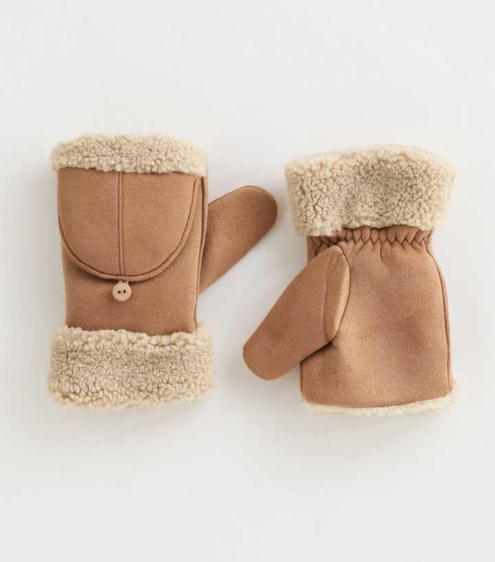 Camel Faux Suede Flip Top Mittens | New Look