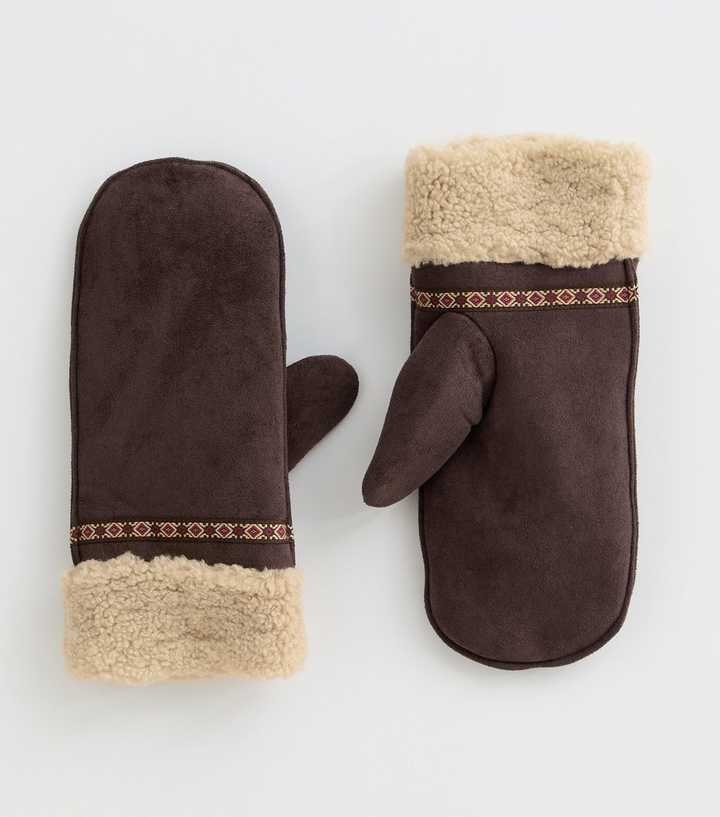 Brown Faux Suede Borg Trim Mittens | New Look