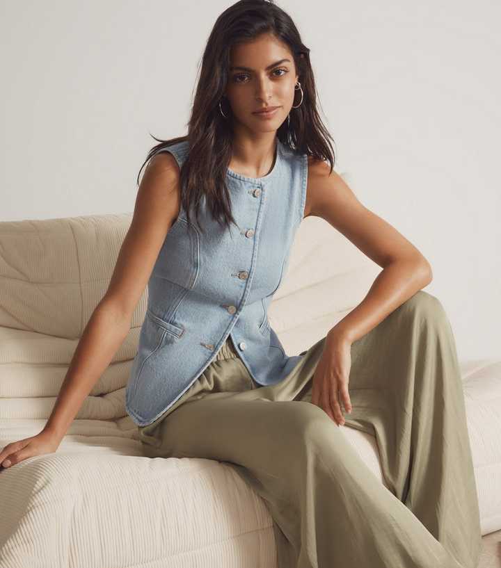 Blue Panelled Longline Denim Waistcoat | New Look