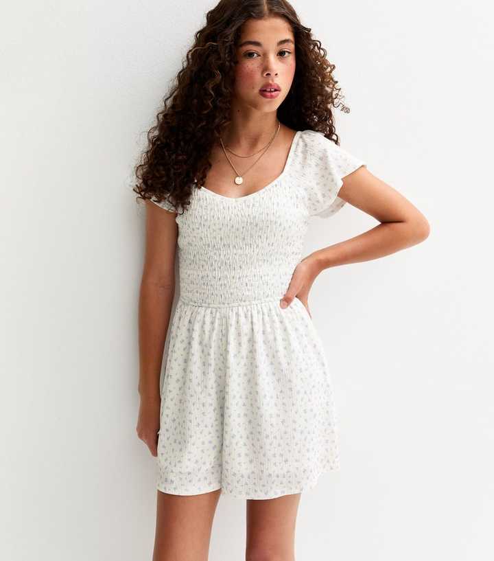 Girls White Floral Print Shirred Playsuit | New Look