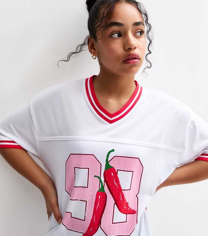 Girls White 98 Chilli Print Football Top | New Look