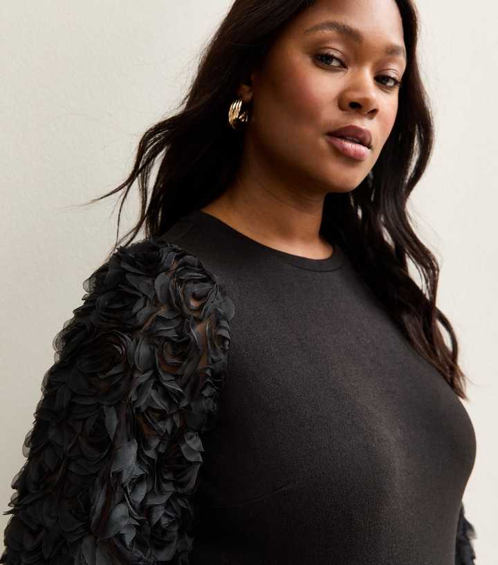 Curves Black Soft Touch Rose Sleeve Top | New Look