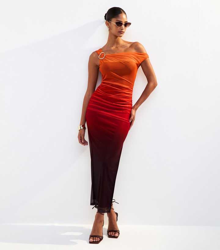 Orange Ombre Mesh Off Shoulder Midi Dress | New Look