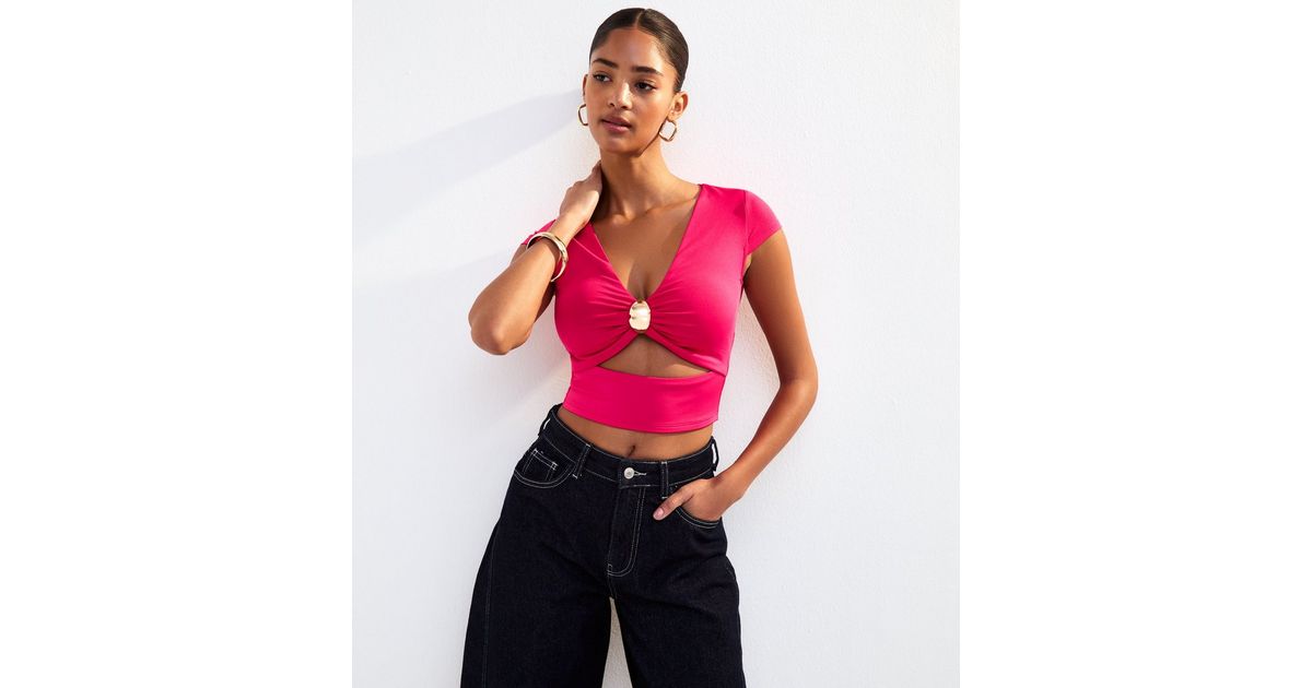 Pink Gold Ring Detail V Neck Crop Top | New Look