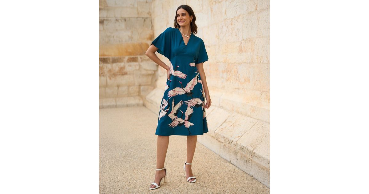 Yumi Teal Bird Print Midi Dress | New Look