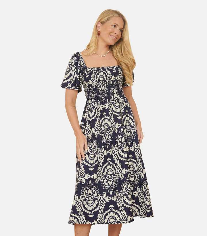Yumi Navy Aztec Print Square Neck Midi Dress | New Look