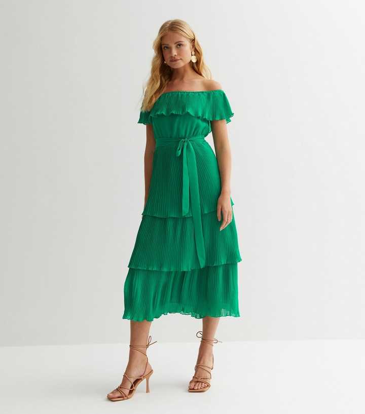 Gini London Green Pleated Bardot Midi Dress | New Look