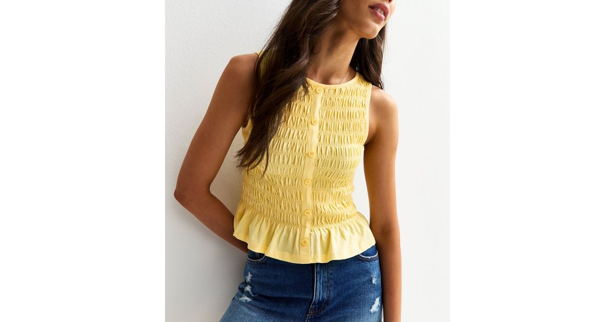 Light Yellow Shirred Button Detail Sleeveless Top | New Look