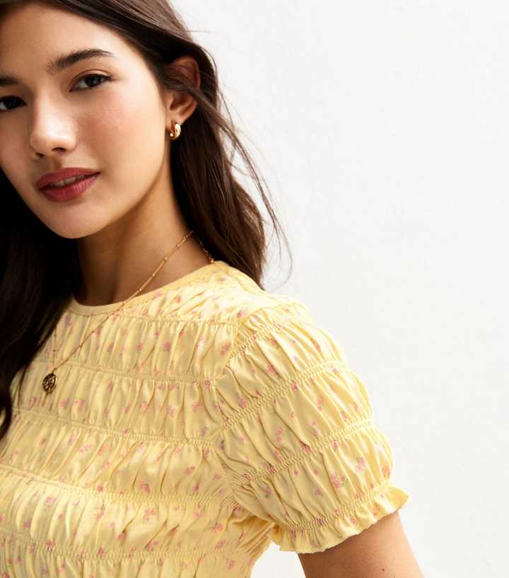 Yellow Floral Print Shirred T-Shirt | New Look