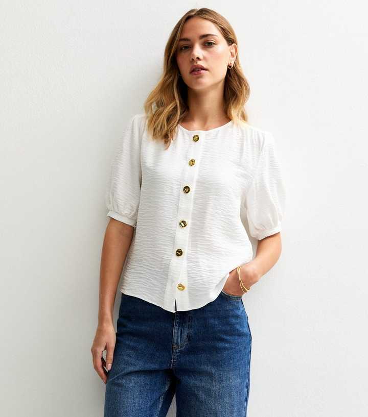 White Crew Neck Button Through Top | New Look