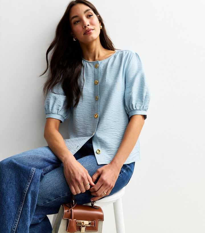 Light Blue Crew Neck Button Through Top | New Look