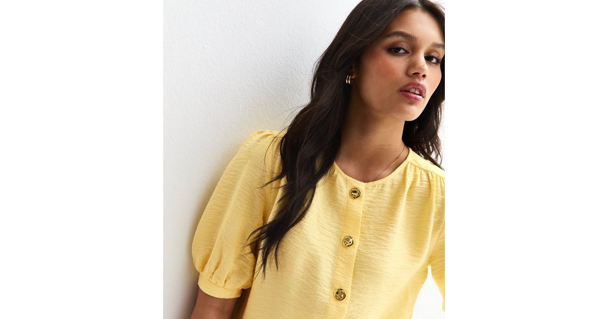 Yellow Crew Neck Button Through Top | New Look
