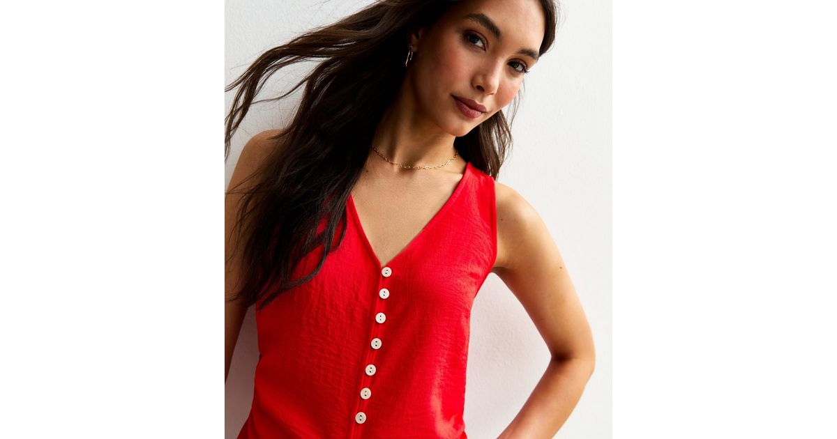 Bright Red Textured Button Front Vest Top | New Look