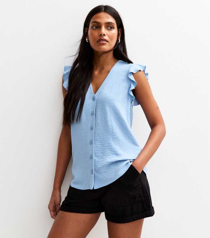 Blue Ruffle Trim Button Up Top | New Look