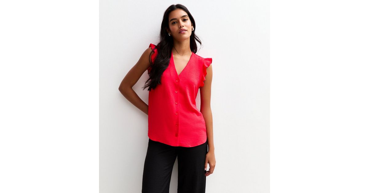 Red Ruffle Trim Button Up Top | New Look