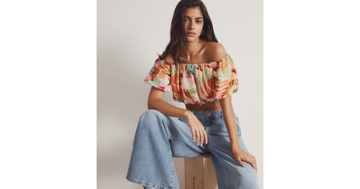 Orange Tropical Print Off Shoulder Textured Cropped Top | New Look