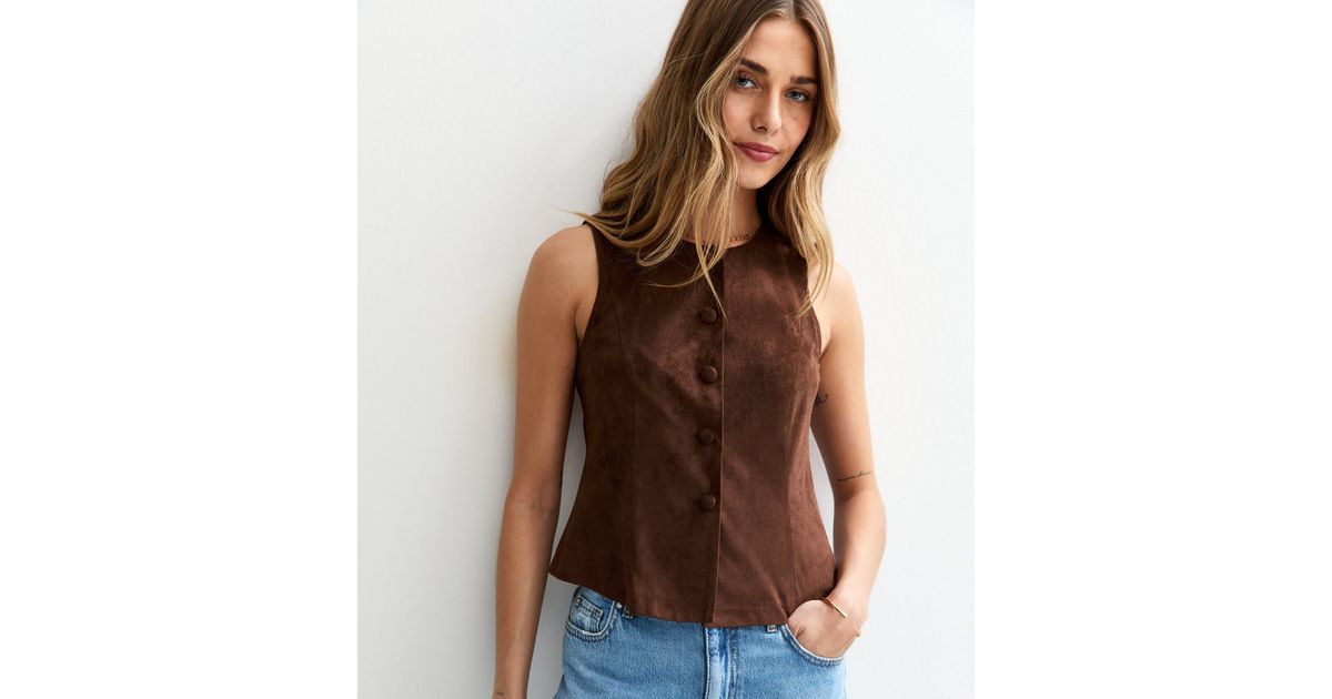 Brown Faux Suede Button Front Waistcoat | New Look