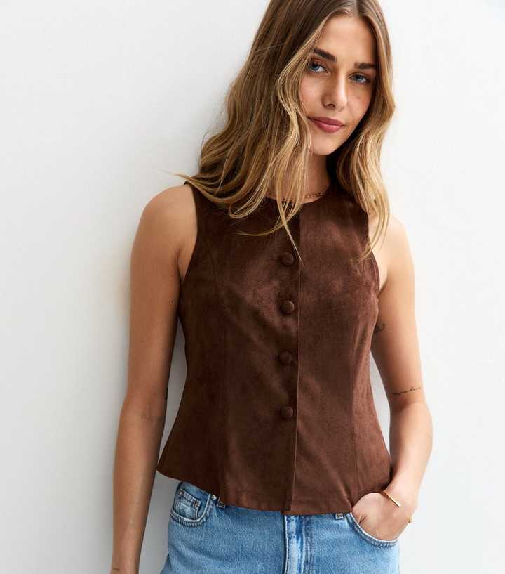 Brown Faux Suede Button Front Waistcoat | New Look