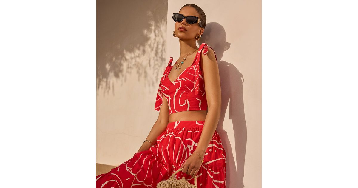 Red Abstract Print Tie Strap Cropped Top | New Look