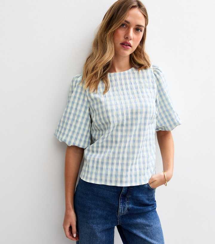 Blue Check Pattern Bow Back Puff Sleeve Top | New Look