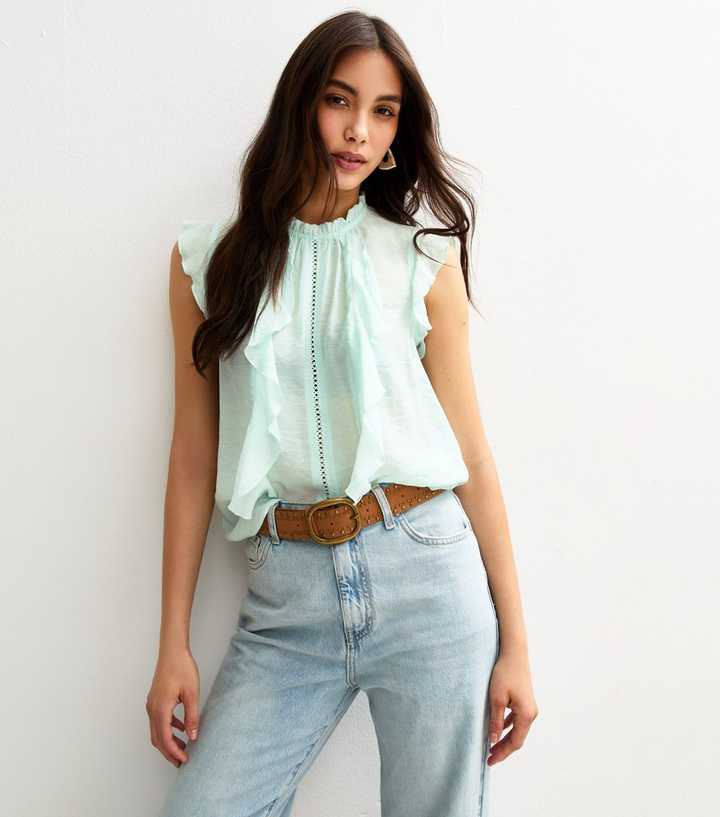 Light Blue Crinkled Lace Trim Ruffled Sleeveless Top | New Look