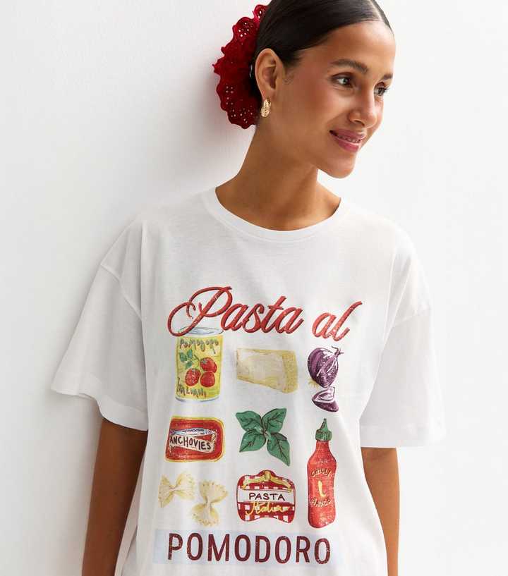White Oversized Pasta Print Tee | New Look