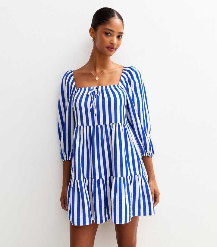 Blue Striped Smock Tiered Mini Dress | New Look